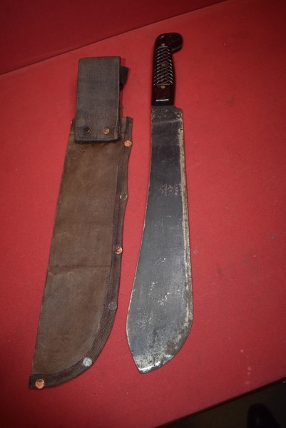 AUSTRALIAN WW2 BAKELITE GRIP MACHETE WITH CANVAS SCABBARD DATED 1945-SOLD