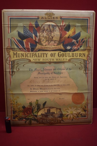 WW1 AUSTRALIAN ILLUMINATED SCROLL GOULBURN NSW-SOLD