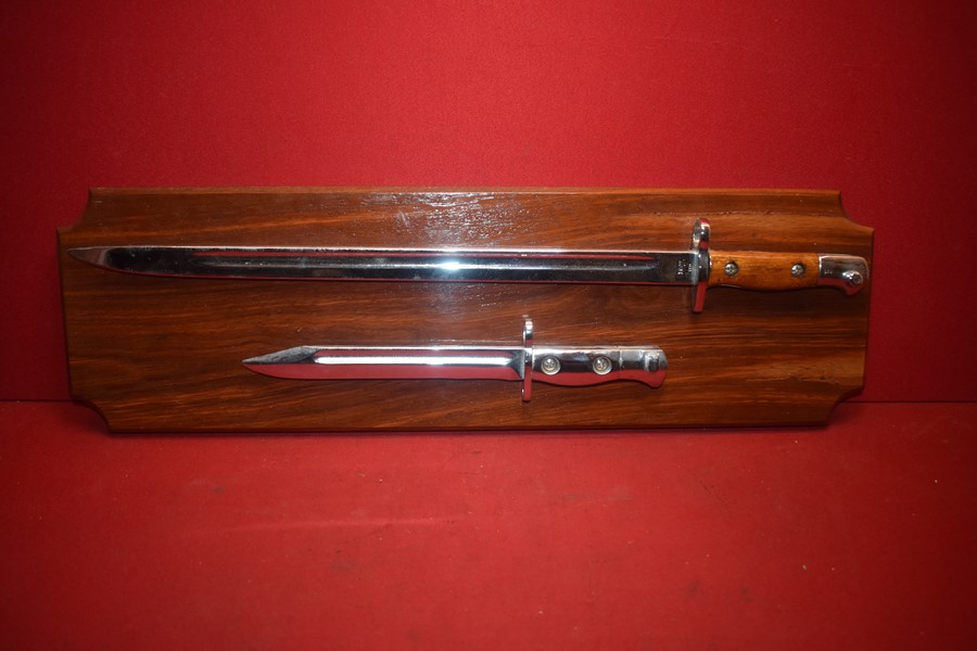 CHROMED .303 BAYONET AND SLR BAYONET MOUNTED ON A JARRAH PLAQUE-SOLD