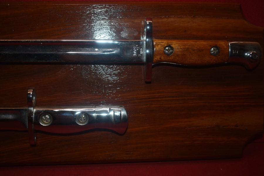 CHROMED .303 BAYONET AND SLR BAYONET MOUNTED ON A JARRAH PLAQUE-SOLD