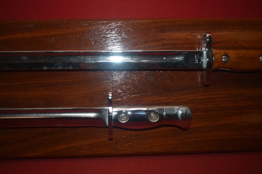 CHROMED .303 BAYONET AND SLR BAYONET MOUNTED ON A JARRAH PLAQUE-SOLD